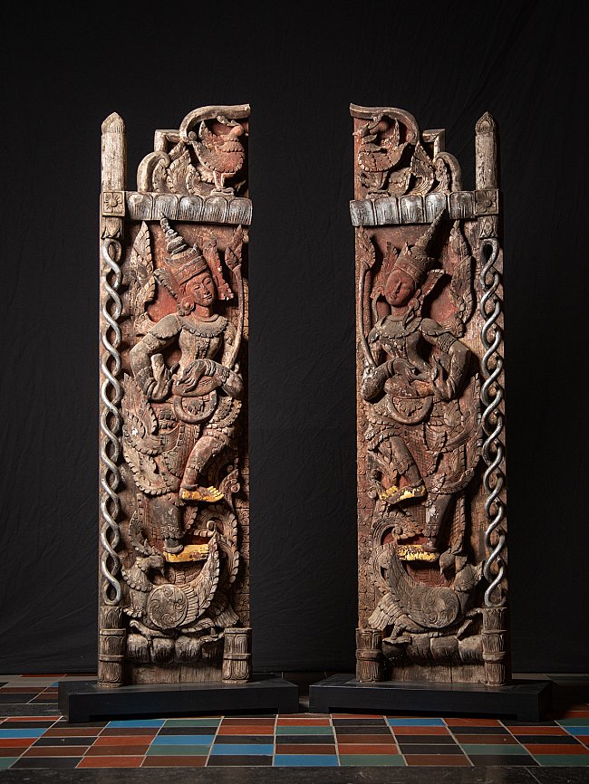 Pair antique wooden Burmese temple doors from Burma (Myanmar)
